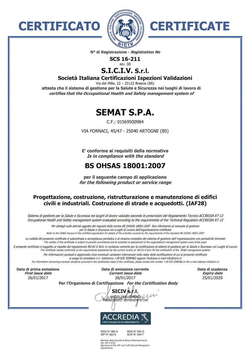Semat S.p.A. obtained the BS OHSAS 18001:2007 health and safety ...